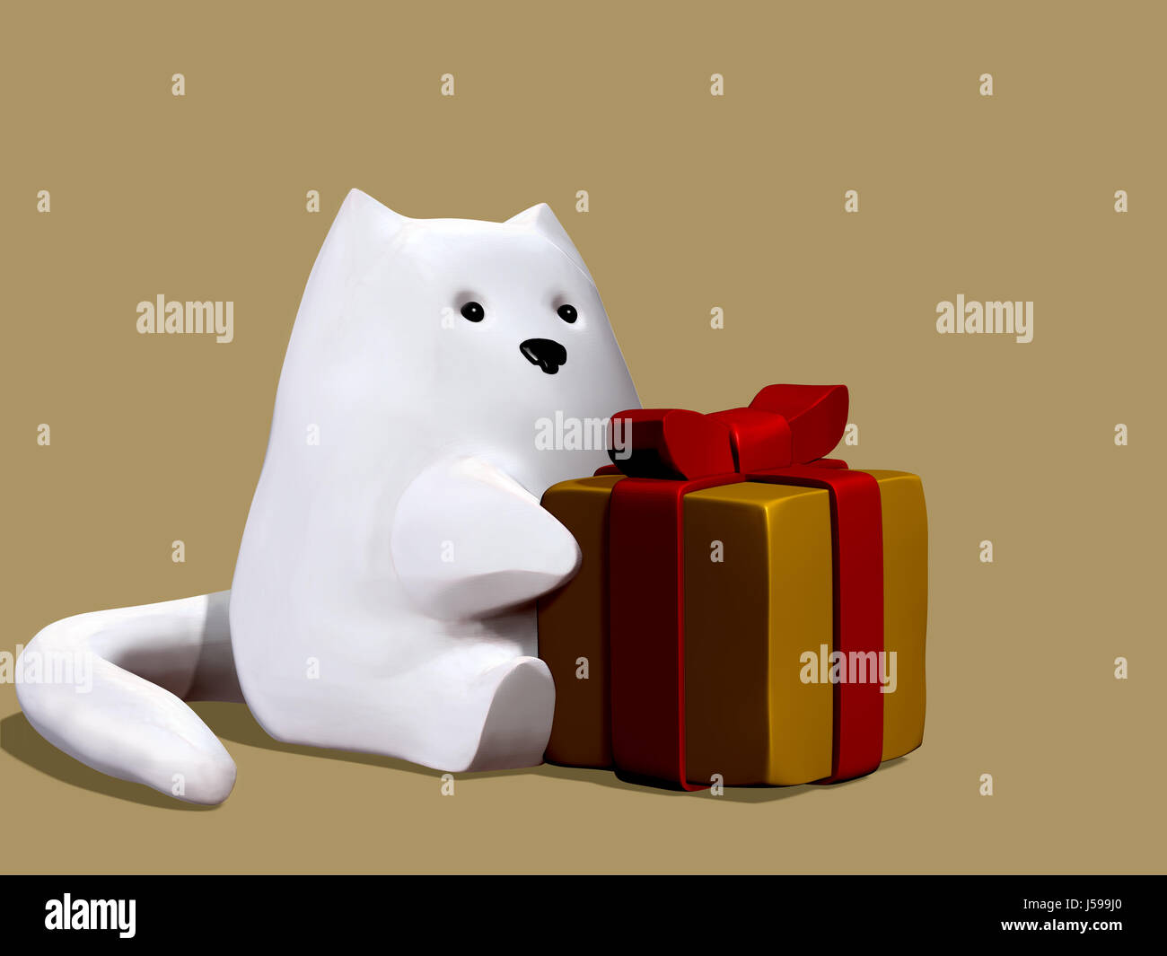 White cartoon cat giving a gift wrapped in yellow wrapping paper and a ...