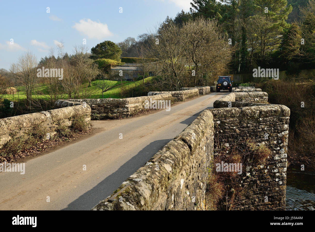 Pedestrian refuges on Staverton bridge over the river Dart, believed to ...
