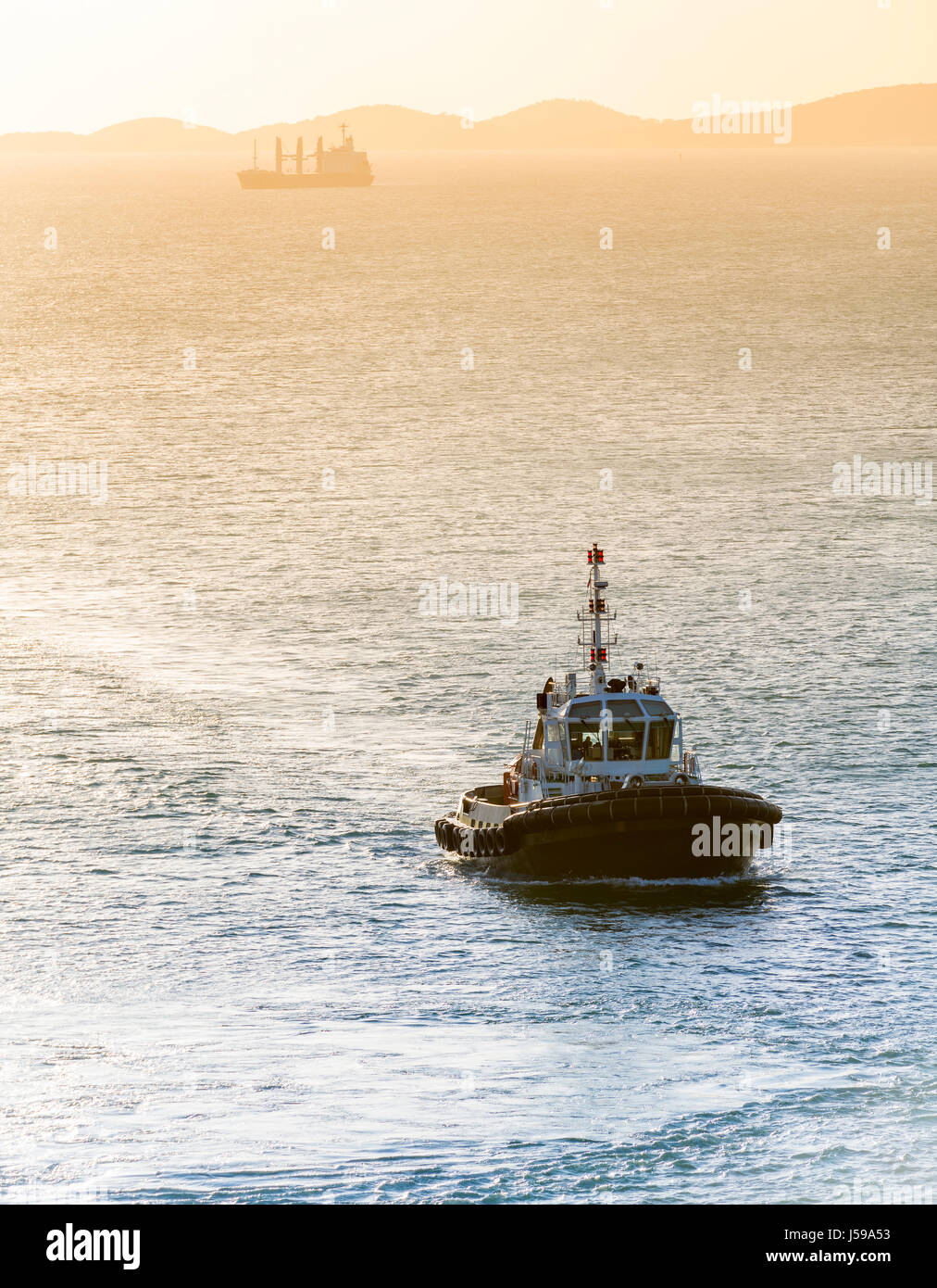 Tugboat in sunset light returning to harbor Stock Photo - Alamy