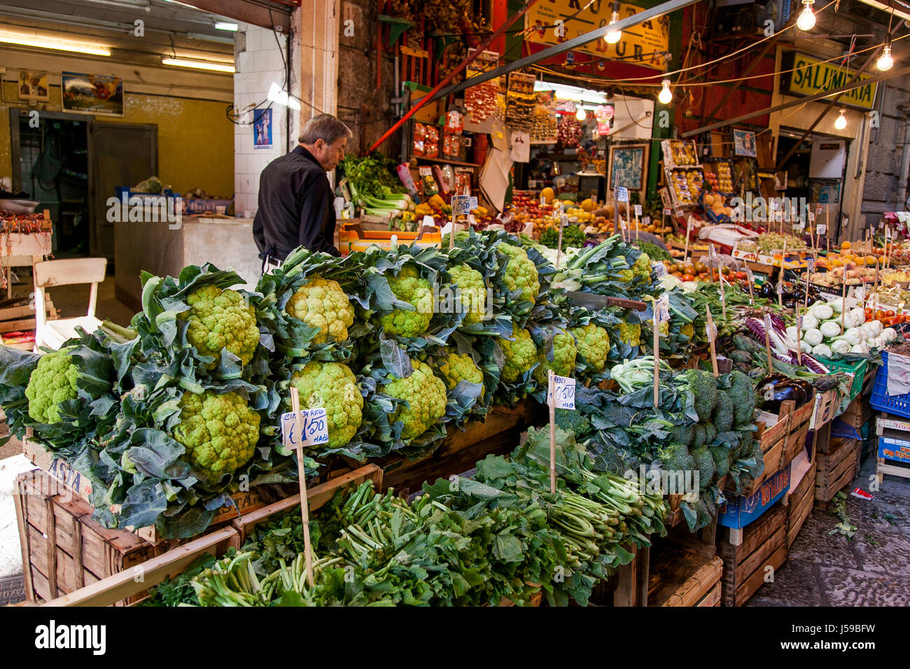 PALERMO, ITALY - October 14, 2009: Fresh fish, seafood, vegetables and ...