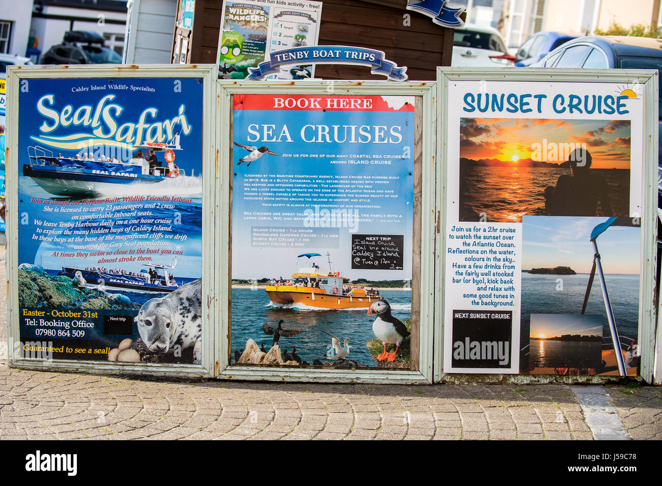 Posters and signs advertising boat trips at Tenby, Pembrokeshire, Wales ...