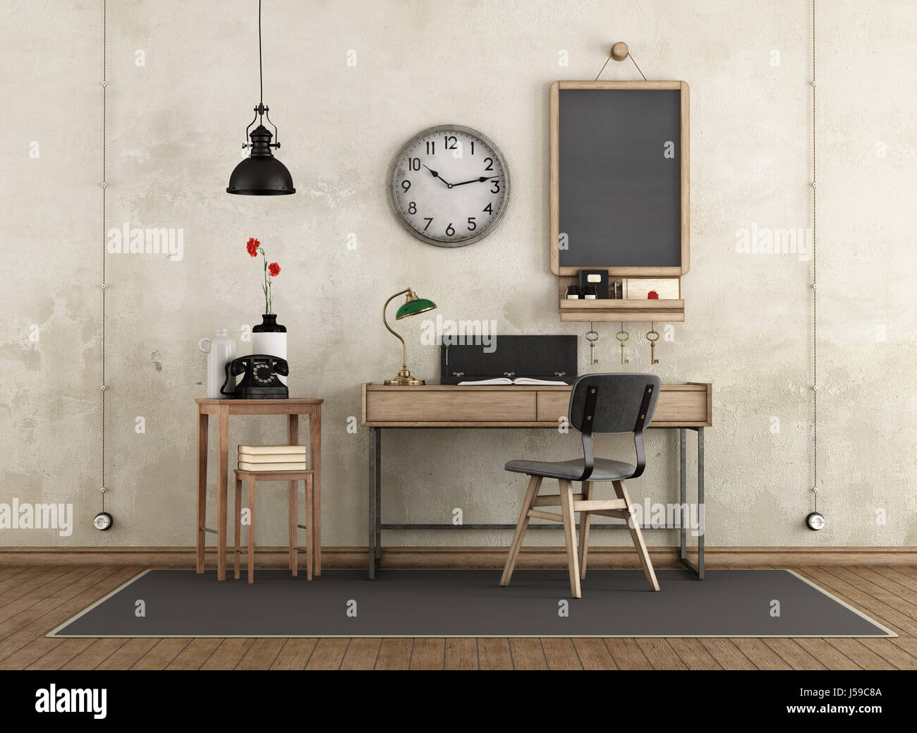 home workspace in industrial style with desk and retro objects - 3d ...