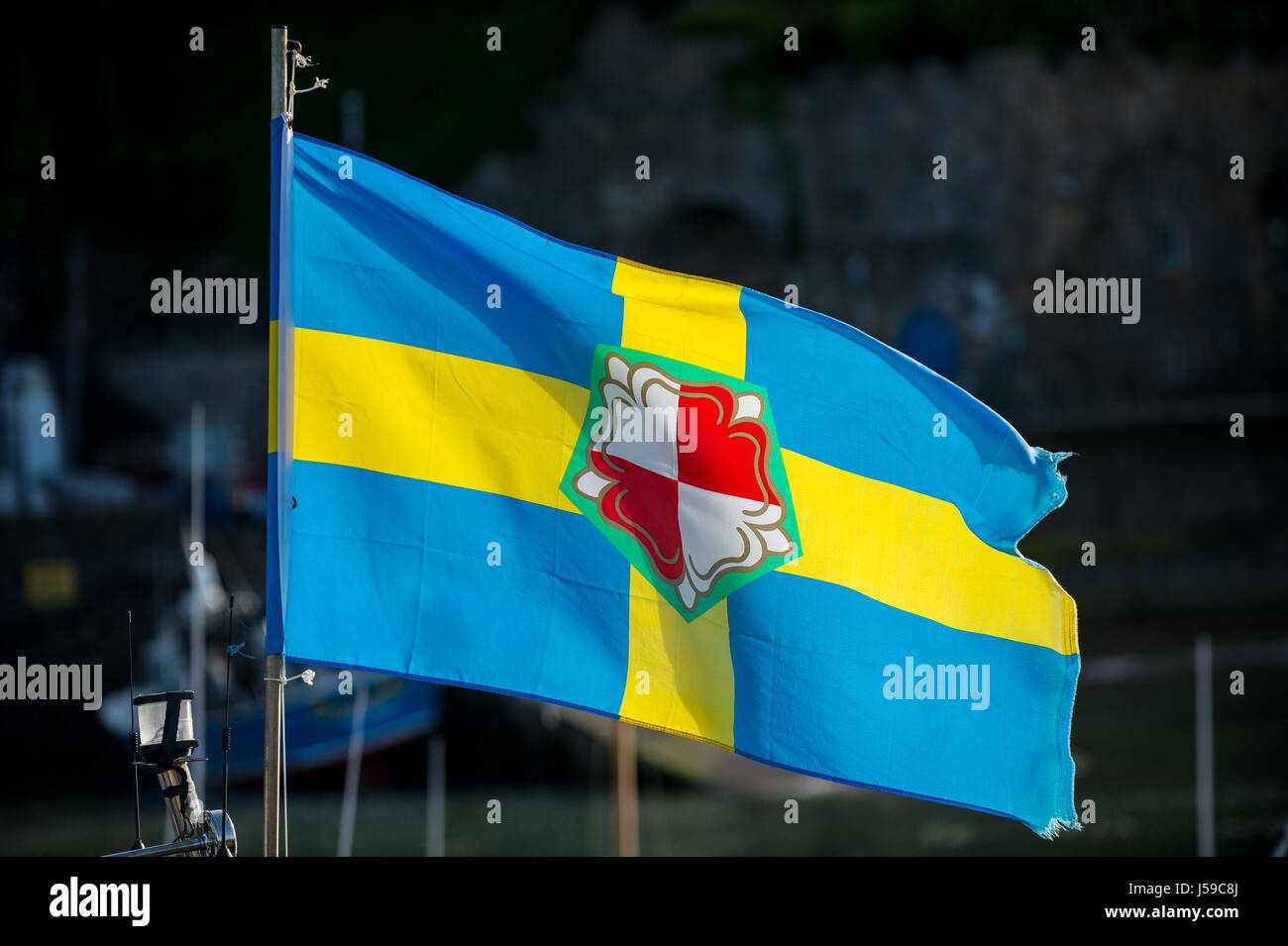 Pembrokeshire flag waves in the wind at Tenby Harbour, Tenby ...