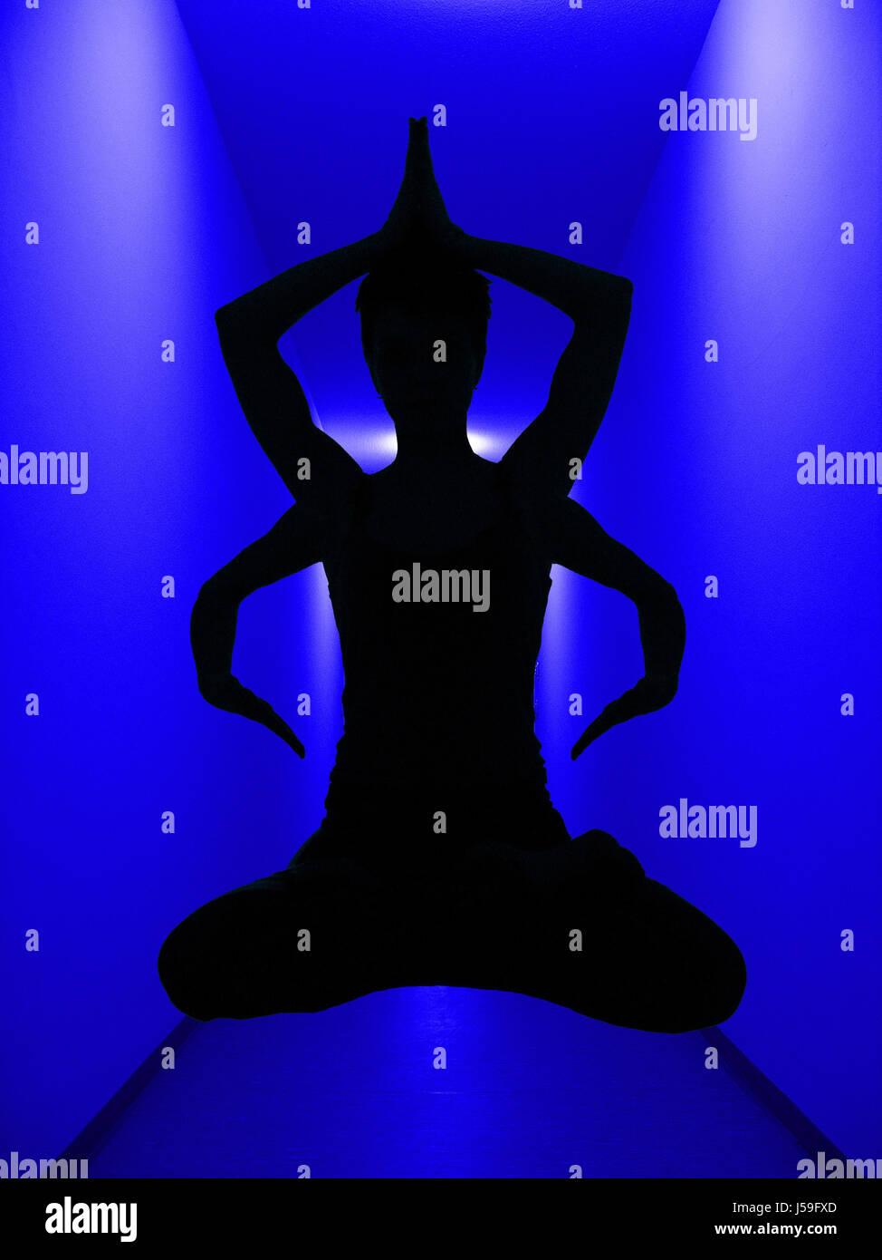 woman sign signal legs blue corridor shine shines bright lucent light ...