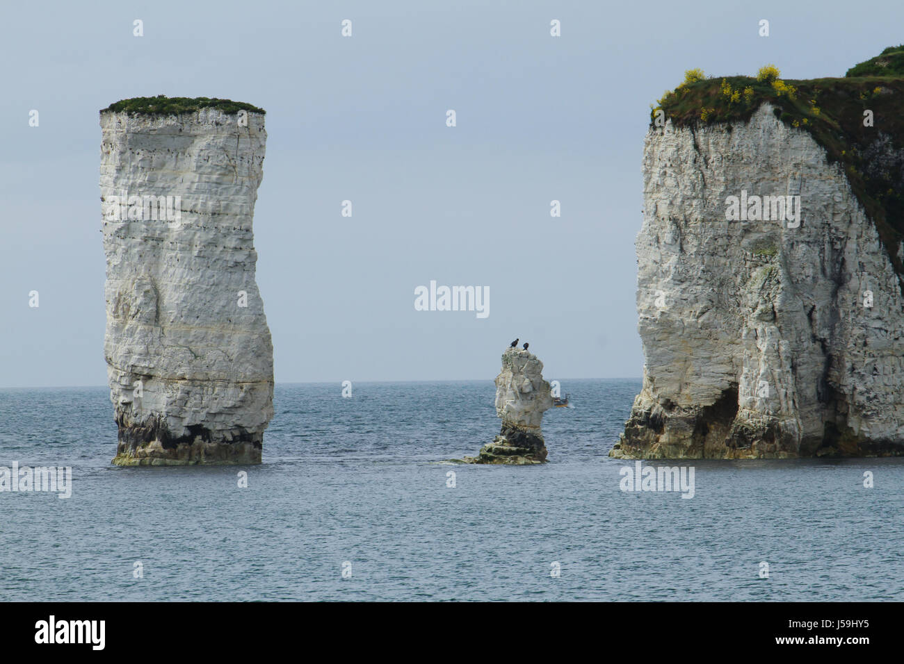 Swanage, UK - 12 May: View of the Old Harry Rocks from a boat plying ...