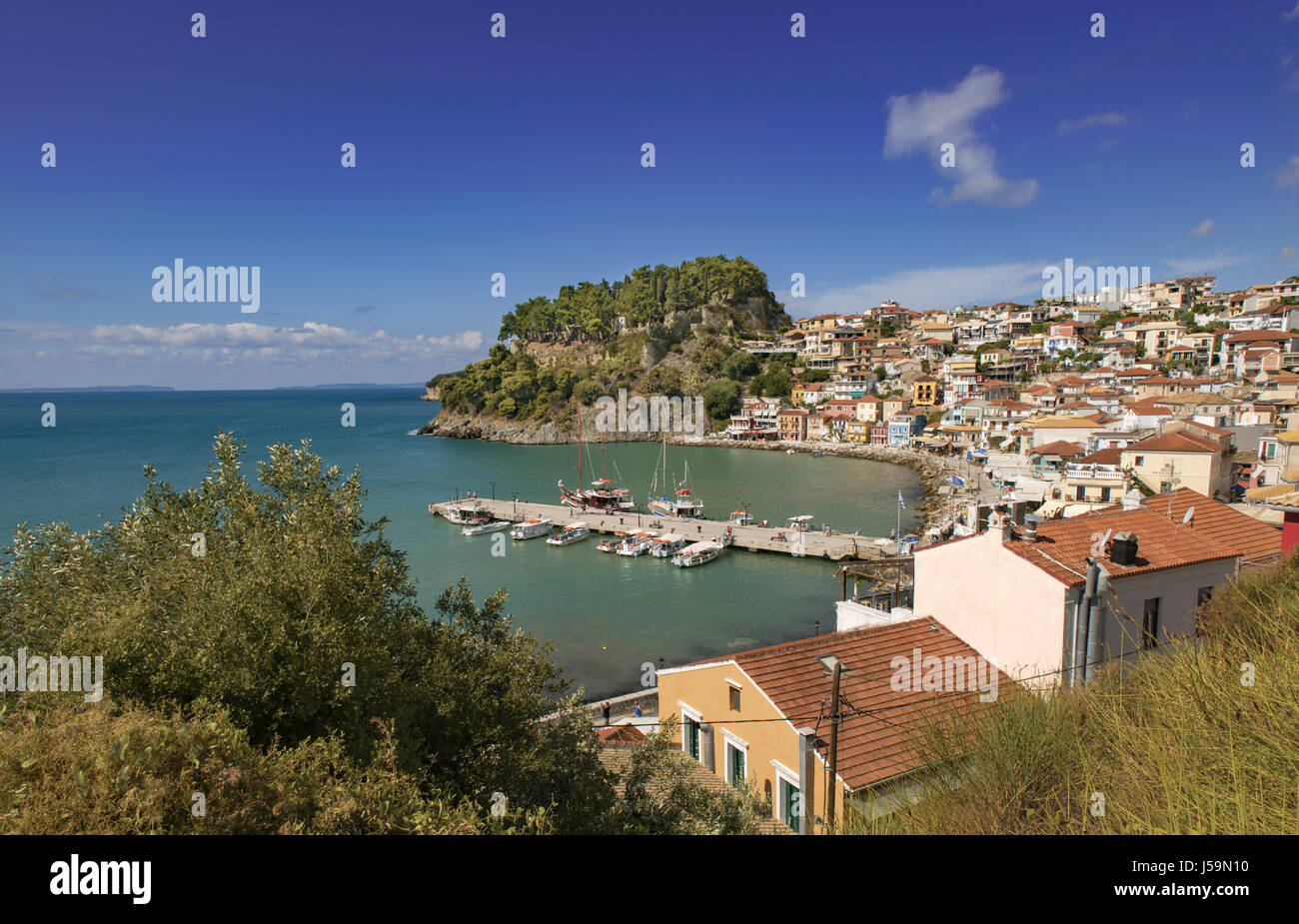 View of Parga resort, its port and castle, at the western coast Epirus ...