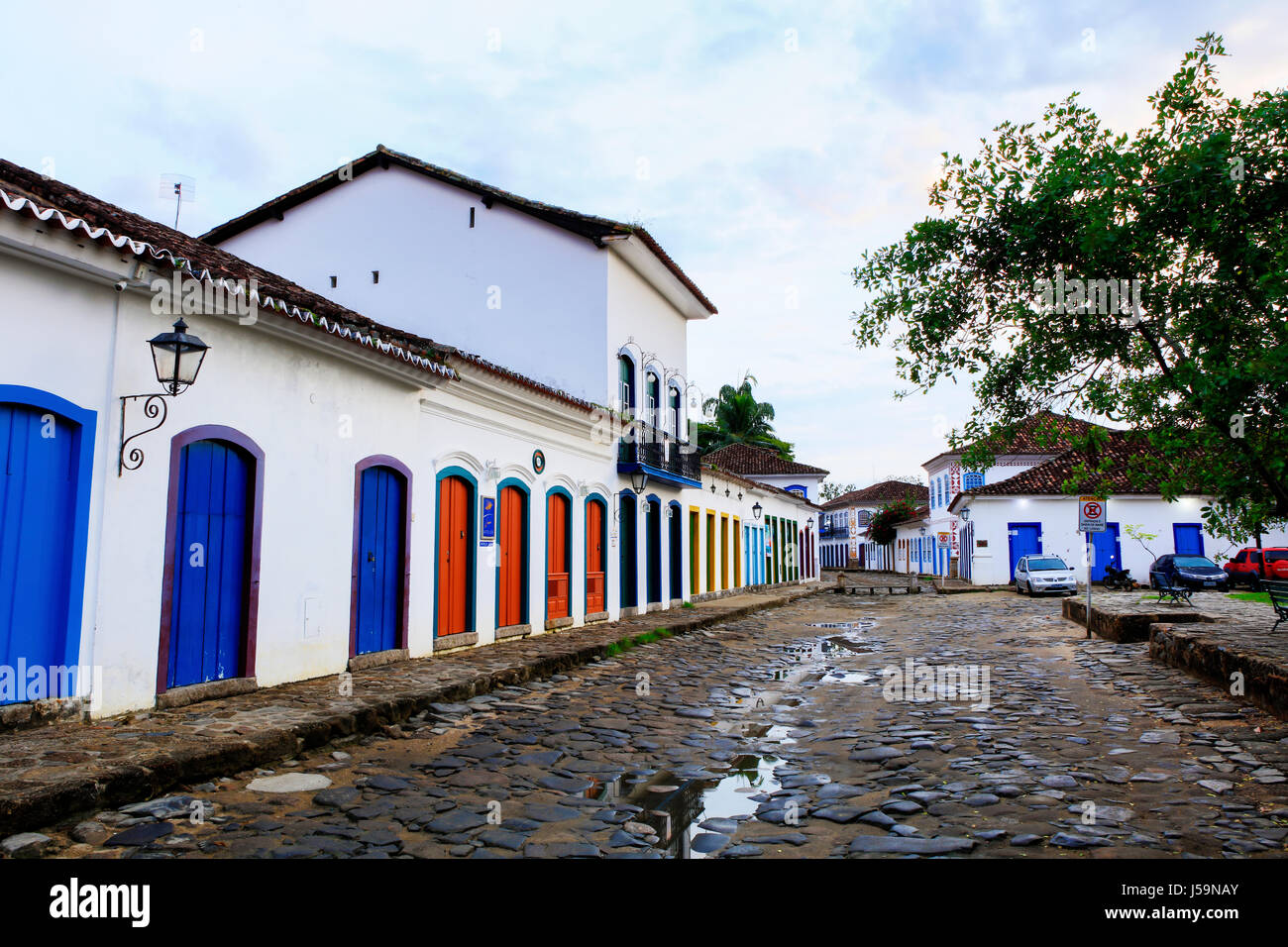 A look along Rua Pereira in the historic centre of Paraty town on the ...
