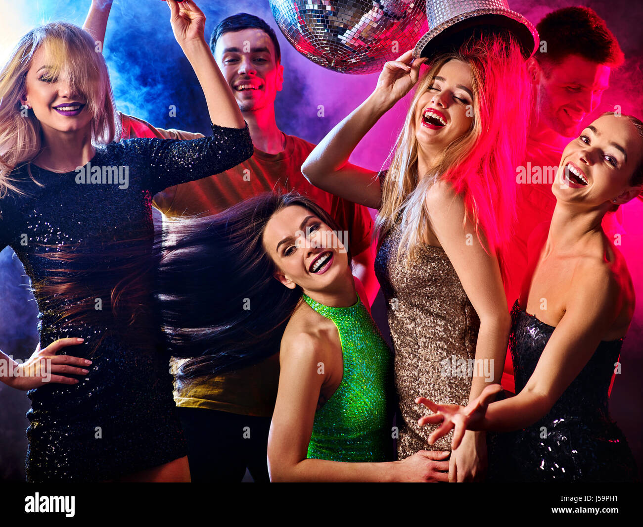 Dance party with group people dancing and disco ball Stock Photo - Alamy