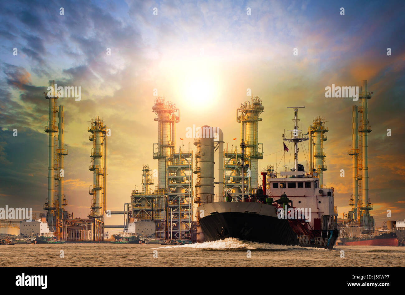 petroleum gas container ship and oil refinery background for energy ...