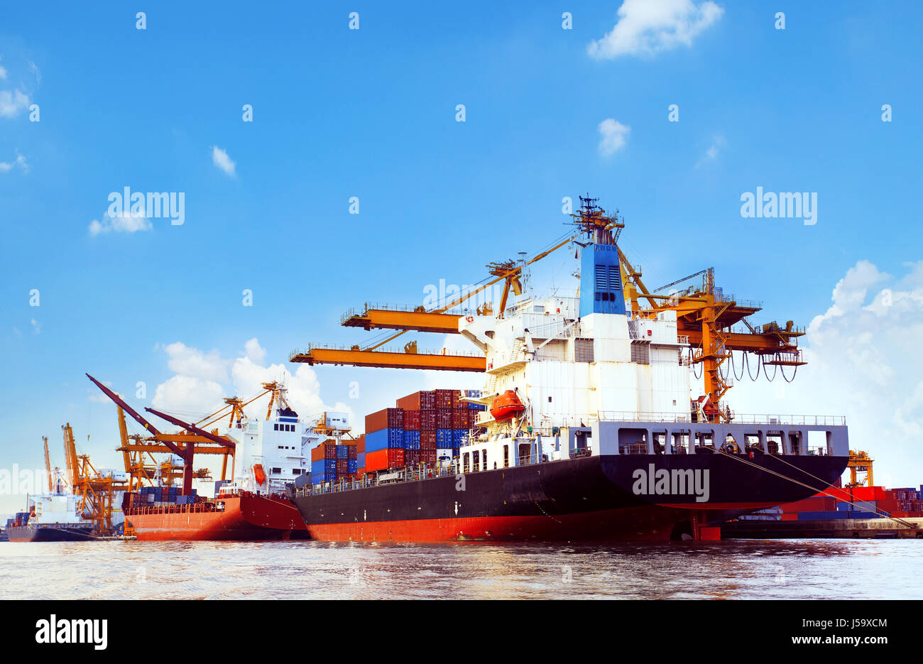 container ship in port cargo dock with piers crane tool use for import ...