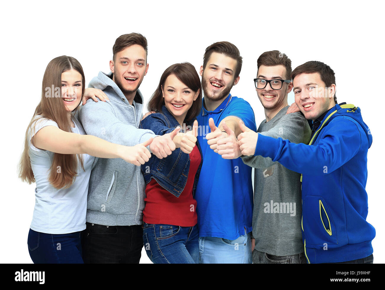 Happy joyful group of friends cheering isolated on white background ...