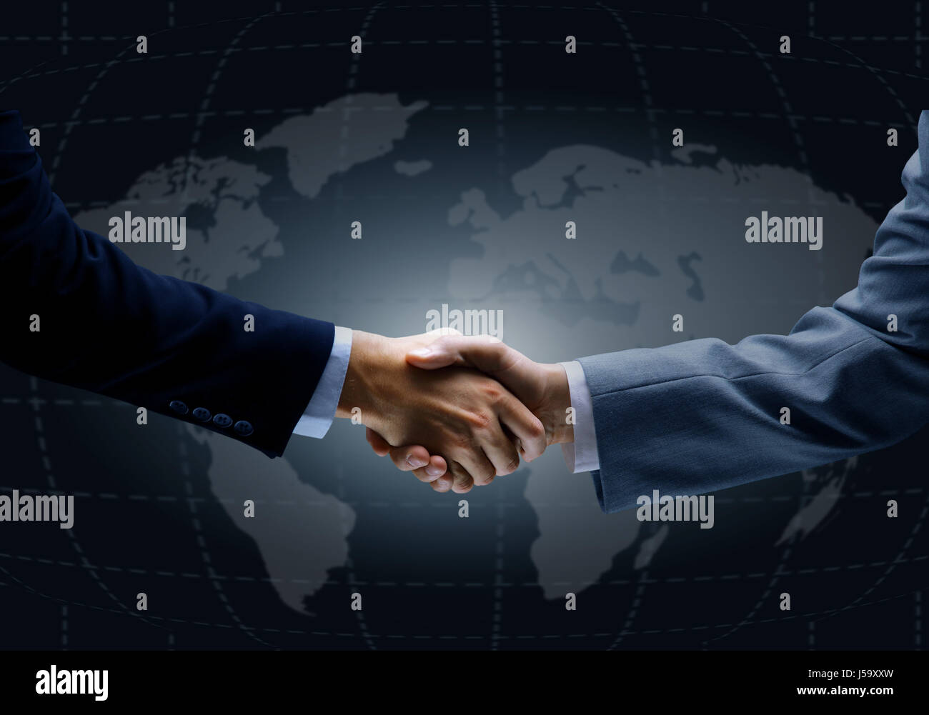 Handshake with map of the world in background Stock Photo - Alamy