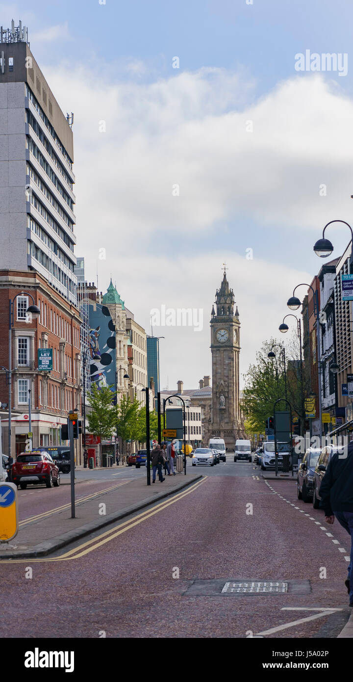 Belfast, MAY 9: Downtown street view with bell tower on MAY 9, 2017 at ...