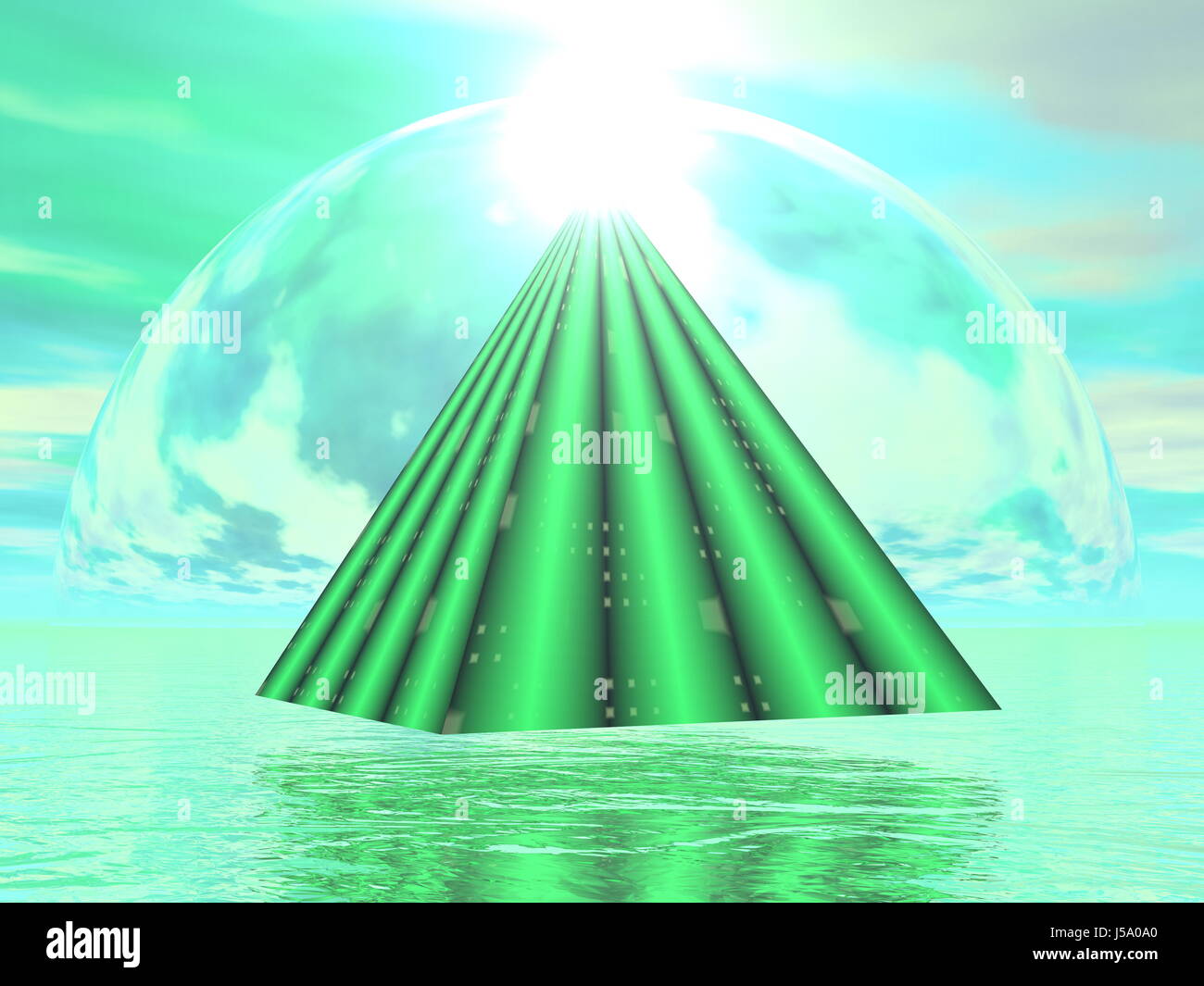 Pyramid upon water and leading to the sun in green background - 3D ...