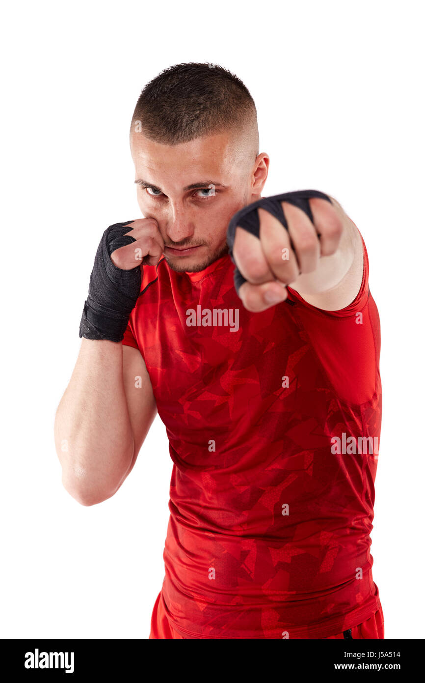 Young kickbox fighter in various postures isolated on white Stock Photo ...