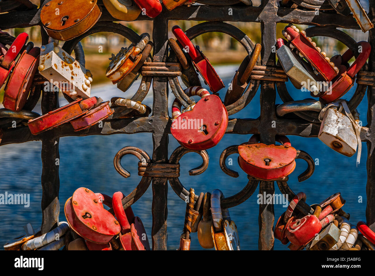 Many love locks on bridge Stock Photo - Alamy