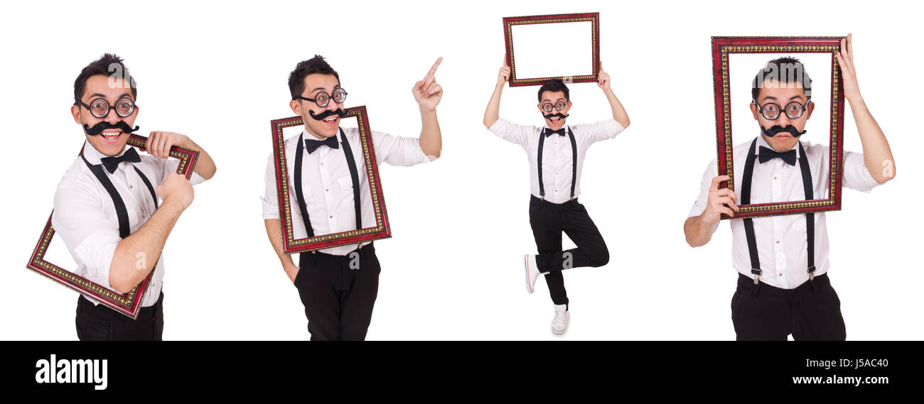 Young man with frame isolated on white Stock Photo - Alamy