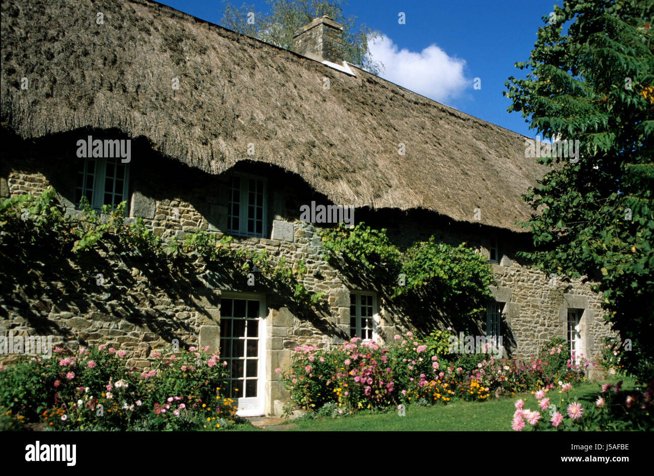 blue house building romantic france villa brittany stone house thatched ...