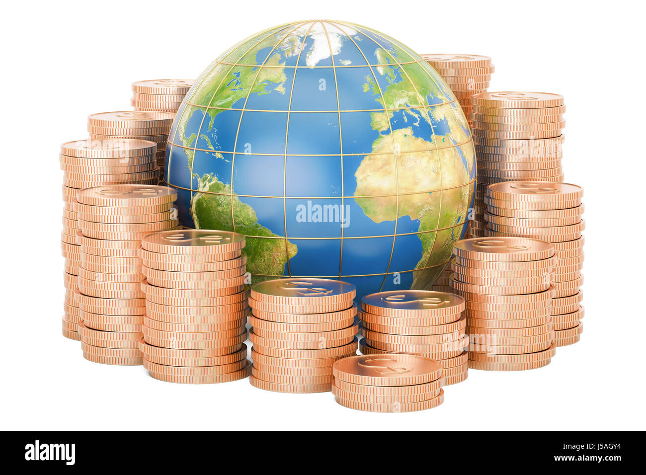 Gold coins with Earth globe, 3D rendering isolated on white background ...