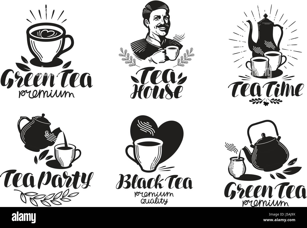 Tea label set. Drink, teapot icon or logo. Handwritten lettering vector ...