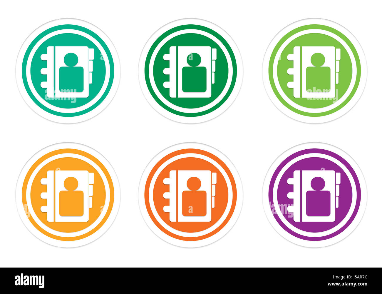 Set of rounded icons with address book symbol in green, yellow, orange ...