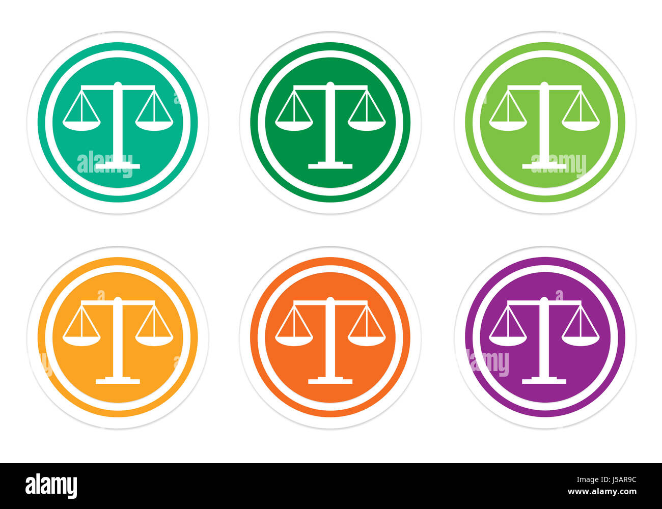 Set of rounded colorful icons with legal symbol in green, yellow ...