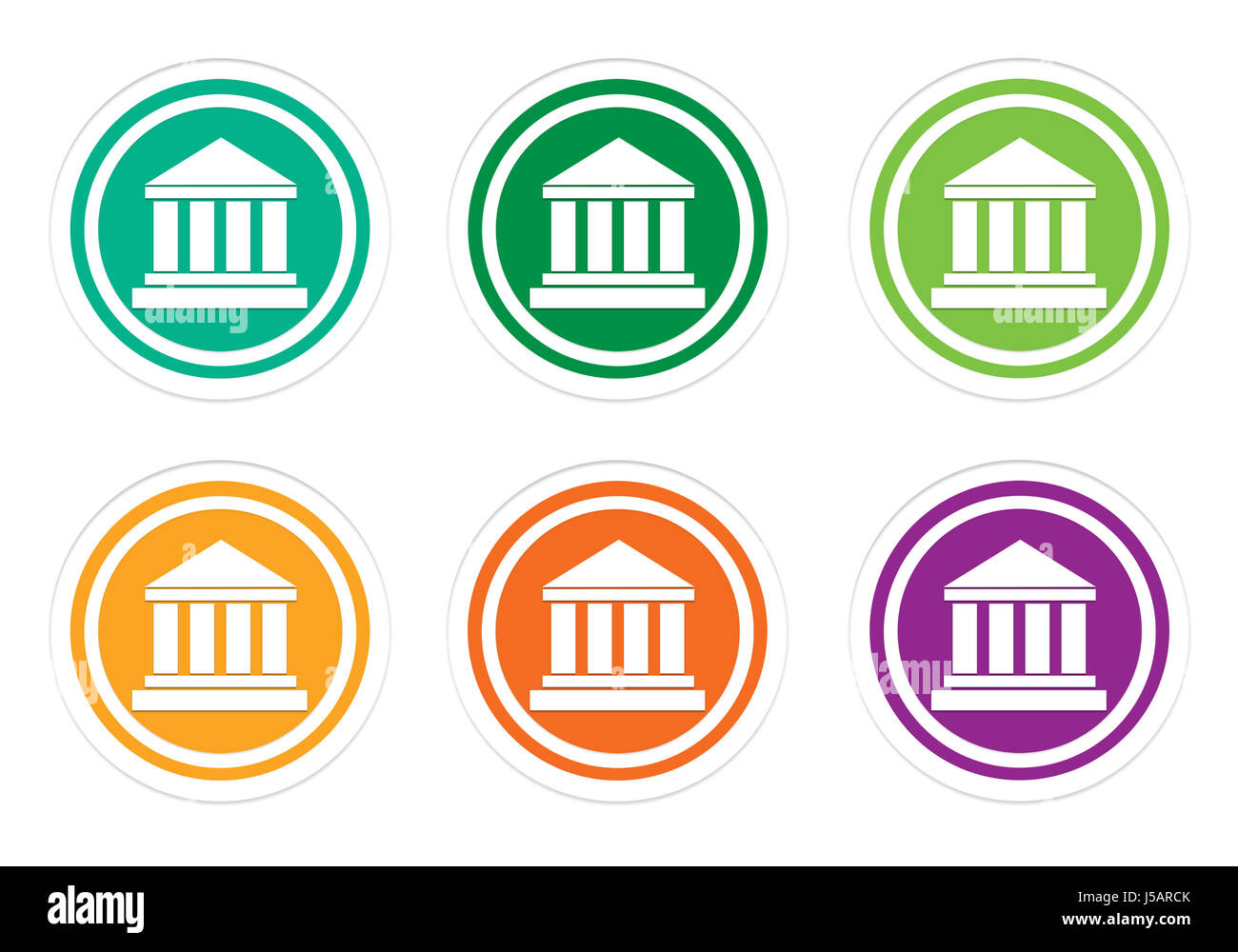 Set of rounded colorful icons with legal symbol in green, yellow ...