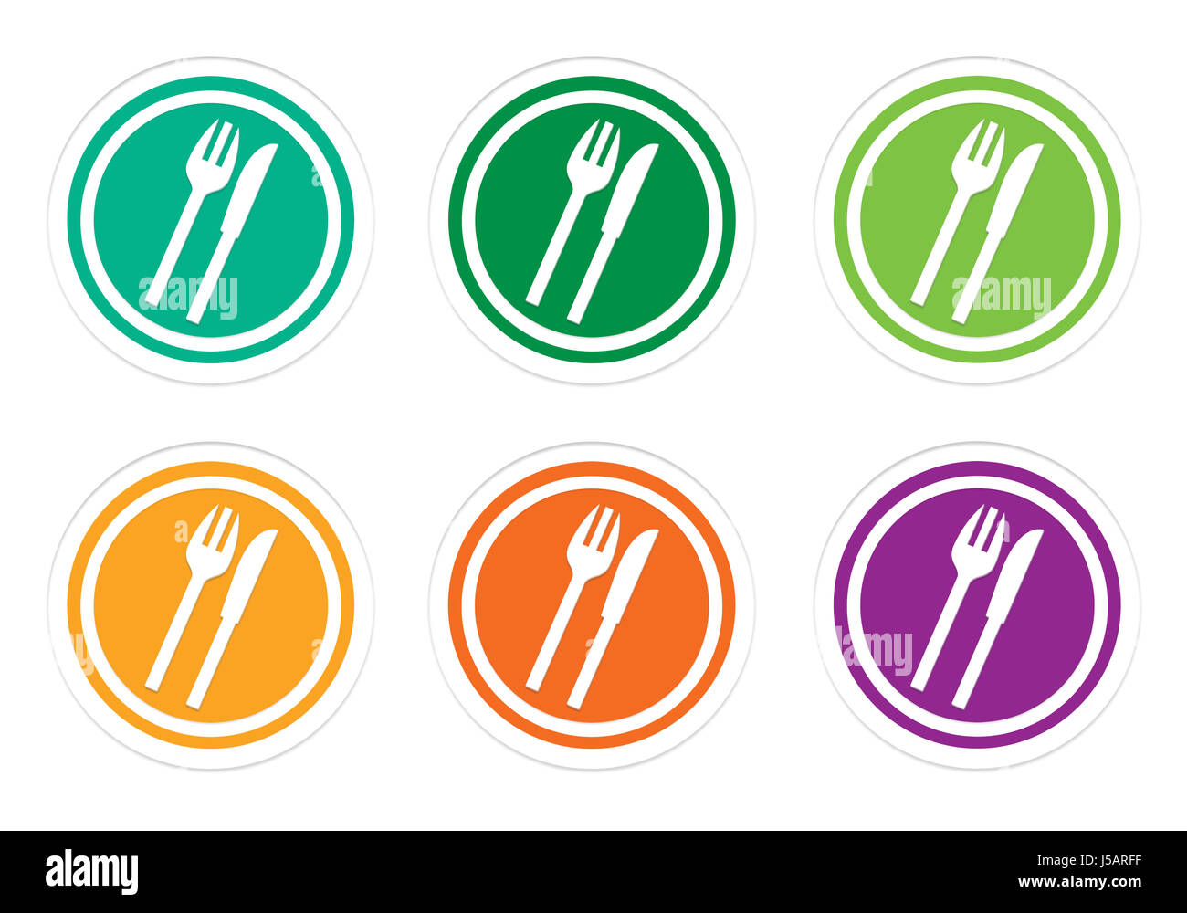 Set of rounded colorful icons with restaurant symbol in green, yellow ...