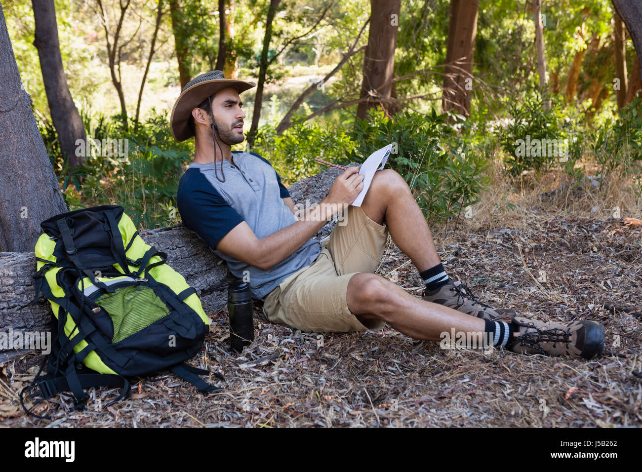 Man writing on notepad while resting on tree trunk in the forest Stock ...