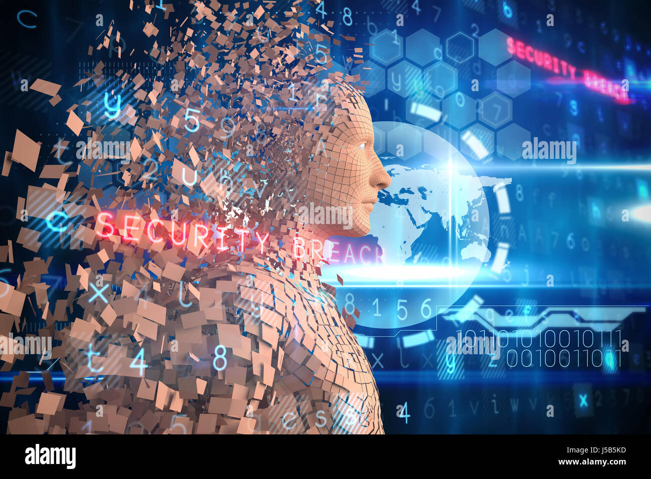 Profile view of brown pixelated 3d man against blue technology design ...