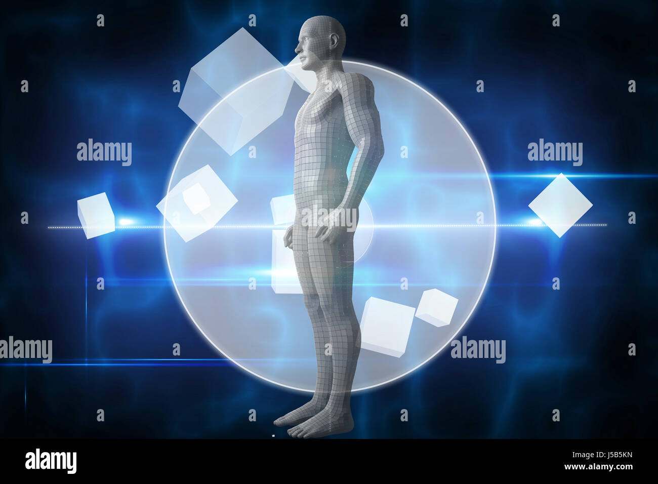 Full length of digital gray 3d man against blue technology design with ...