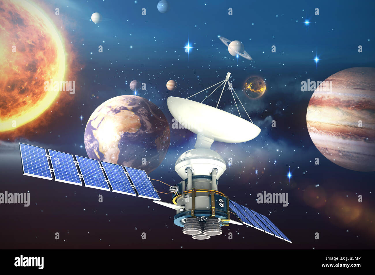 3d illustration of solar satellite against composite image of solar ...