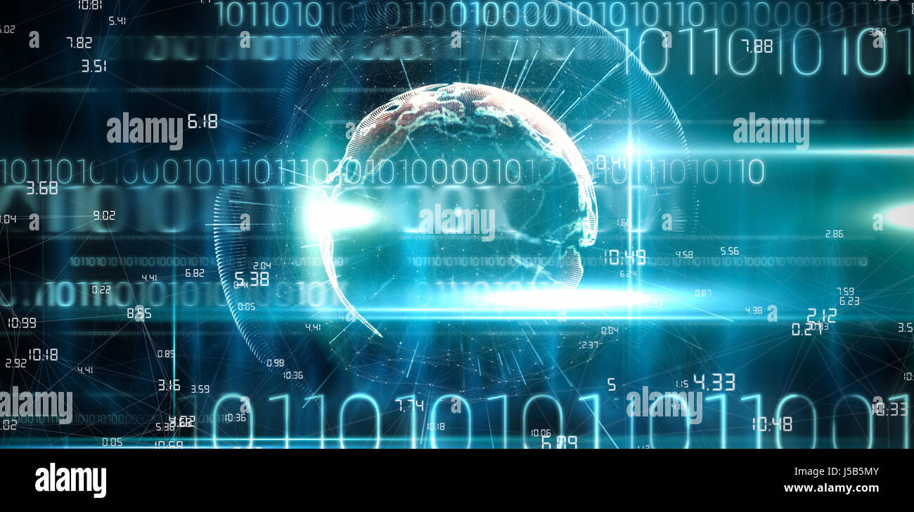 Image of earth with different times against blue technology design with binary code Stock Photo ...