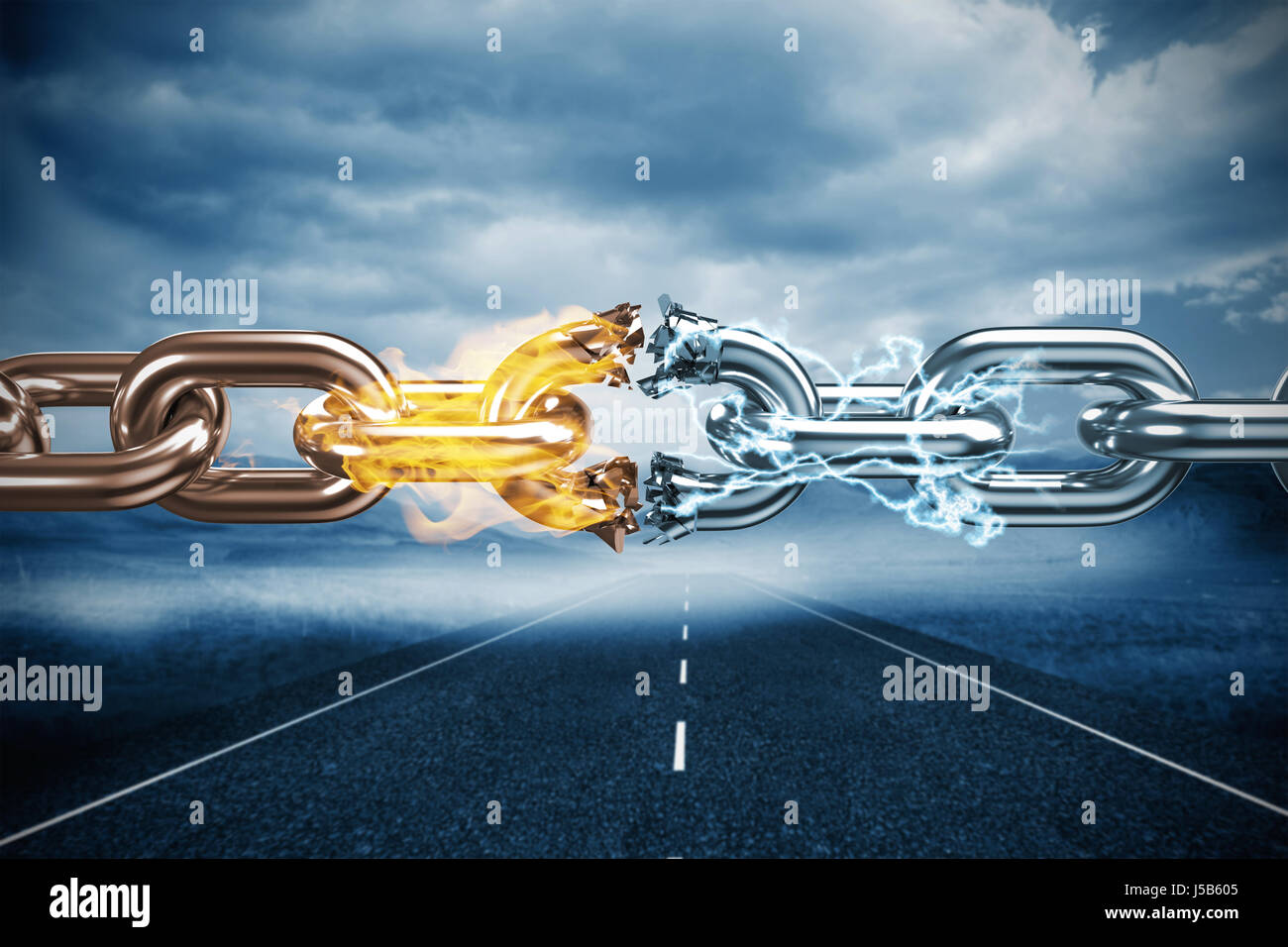 3d image of broken silver metal chain against cloudy landscape ...