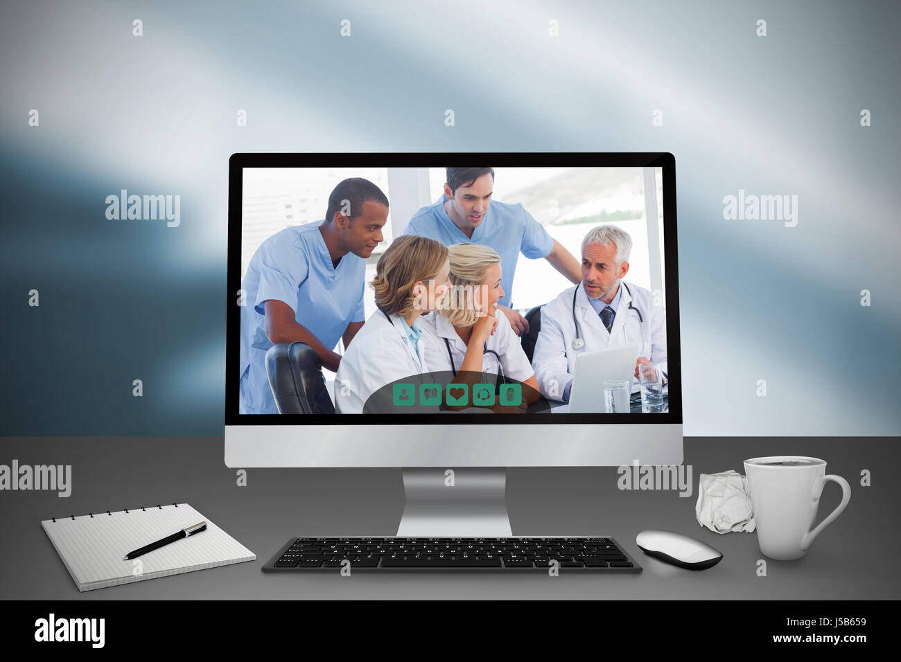 Digital composite image of computer against white floating stairs Stock ...