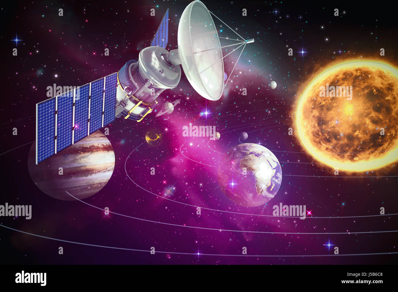 3d illustration of blue solar satellite against composite image of ...