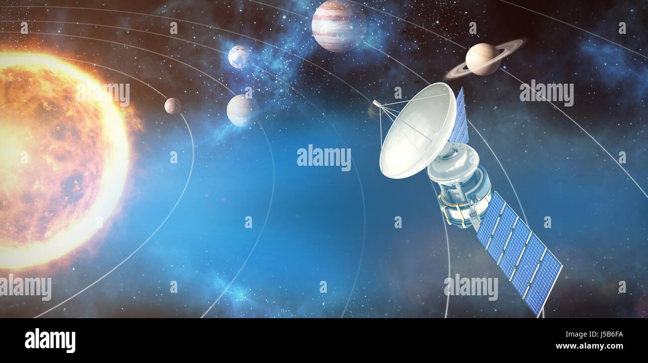 Low angle view ofÃ‚Â 3d solar power satellite against graphic image of ...