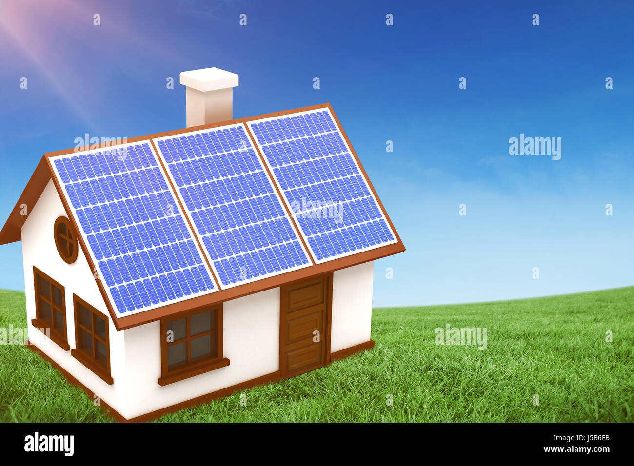 Digitally generated image of 3d house with solar panels against green ...