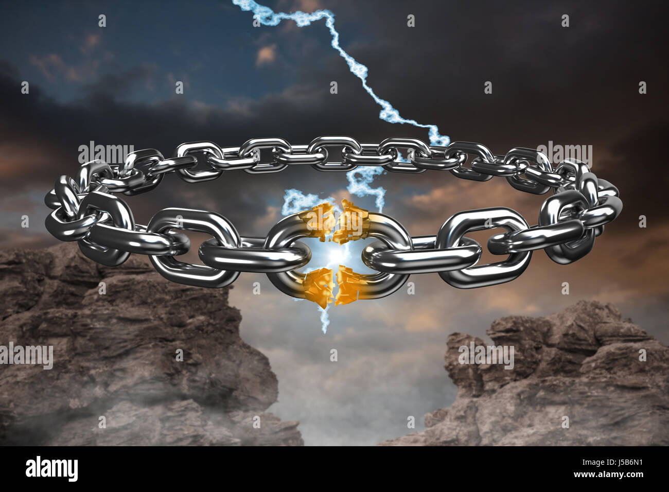 3d image of broken silver chain against blue and orange sky with clouds ...
