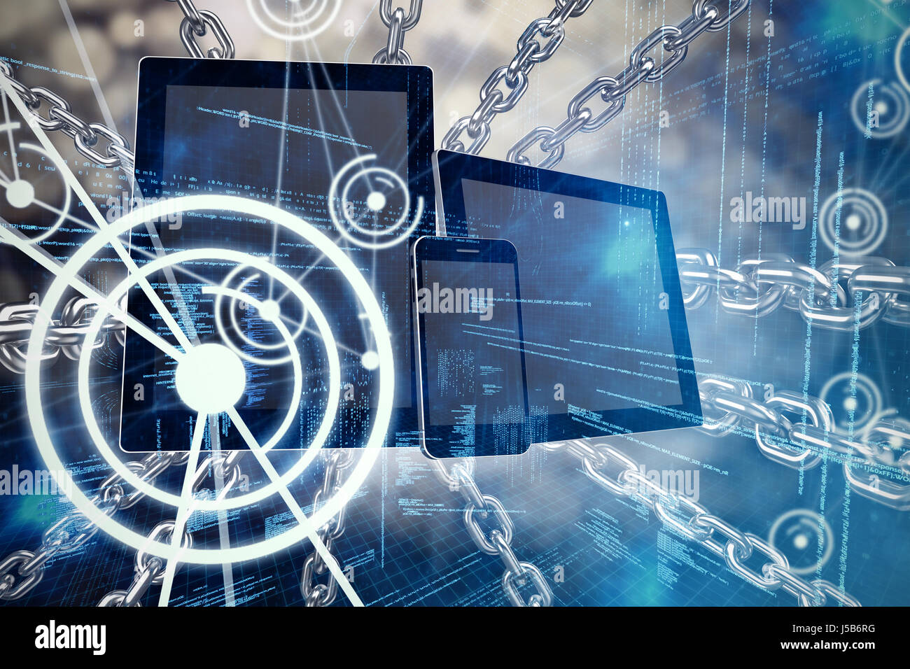 3d image of silver chain against binary codes and lines Stock Photo - Alamy