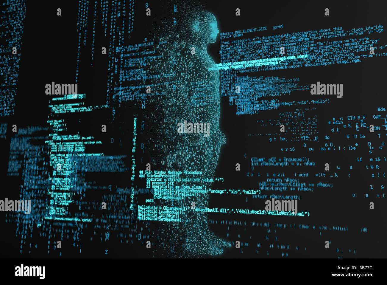 Pixelated digitally generated 3d man against blue codes Stock Photo - Alamy