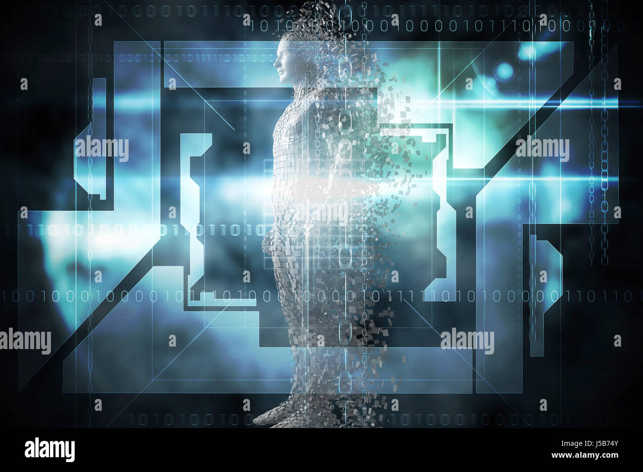 Full length of gray pixelated 3d man against black technology design ...