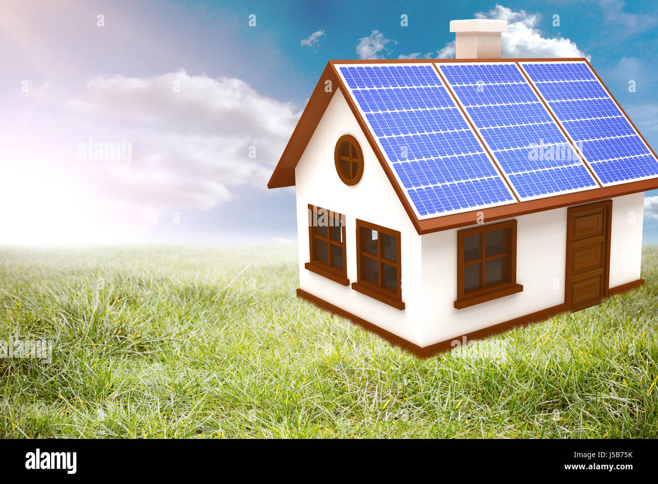 3d vector image of house with solar panels against sunny landscape ...
