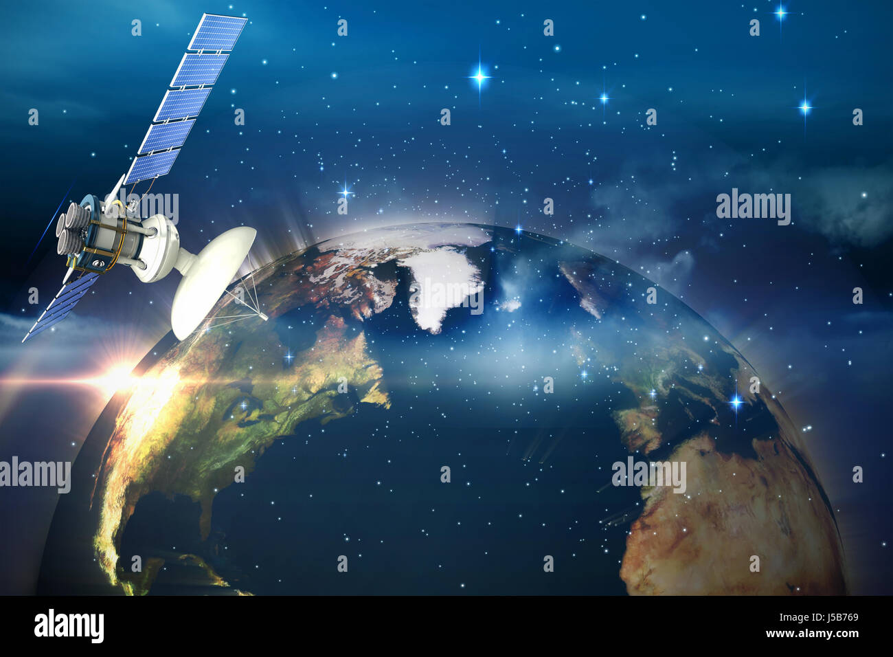 3d illustration of solar satellite against glowing earth Stock Photo ...
