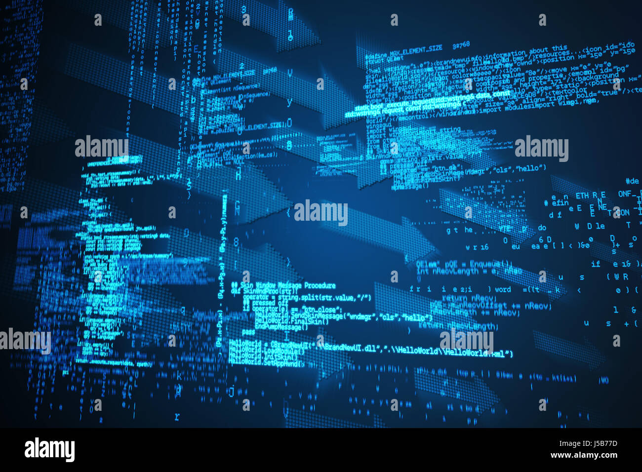 Blue codes against shiny arrows on black background Stock Photo - Alamy