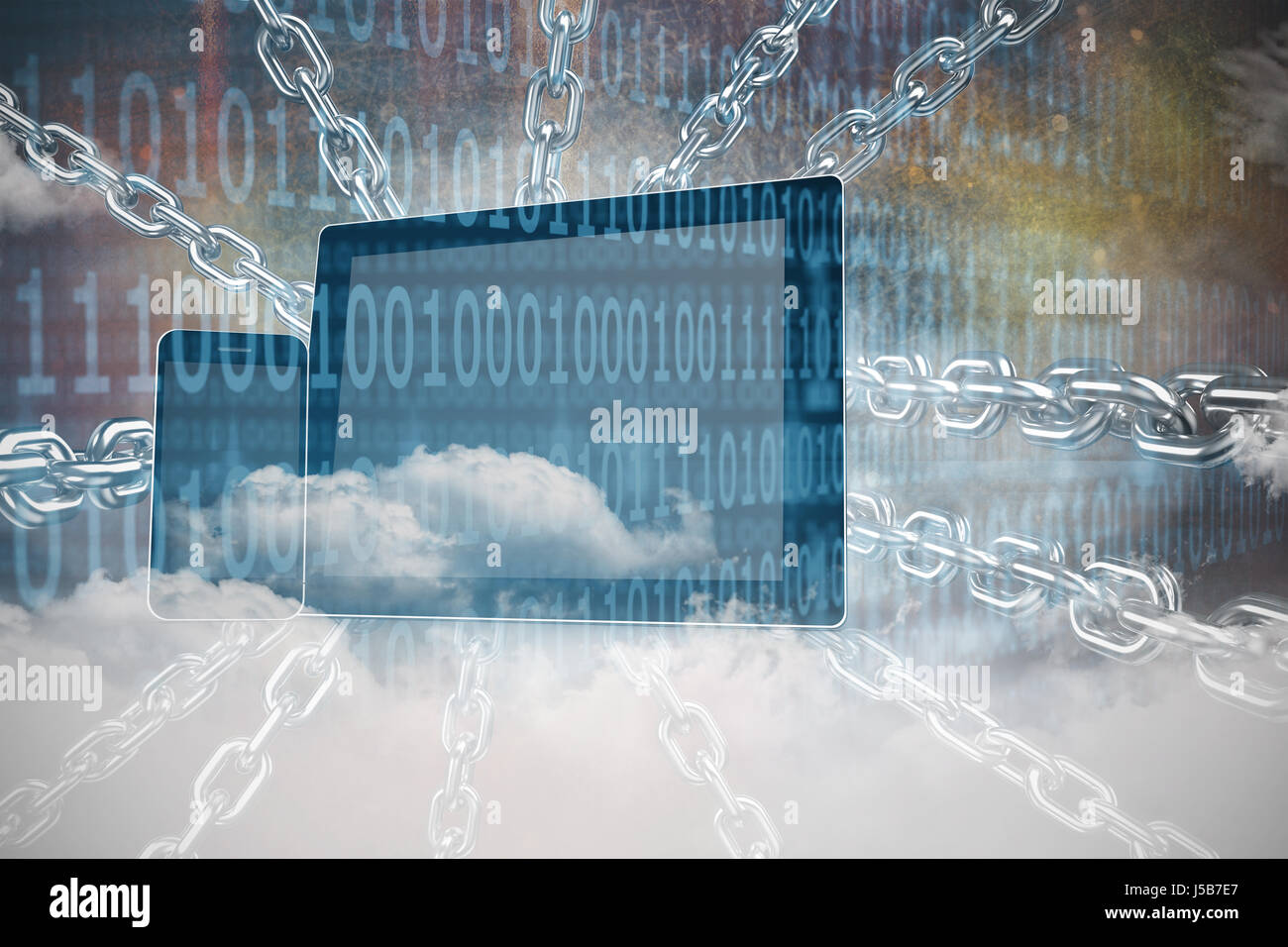 3d image of silver chain against clouds and binary coded computer ...