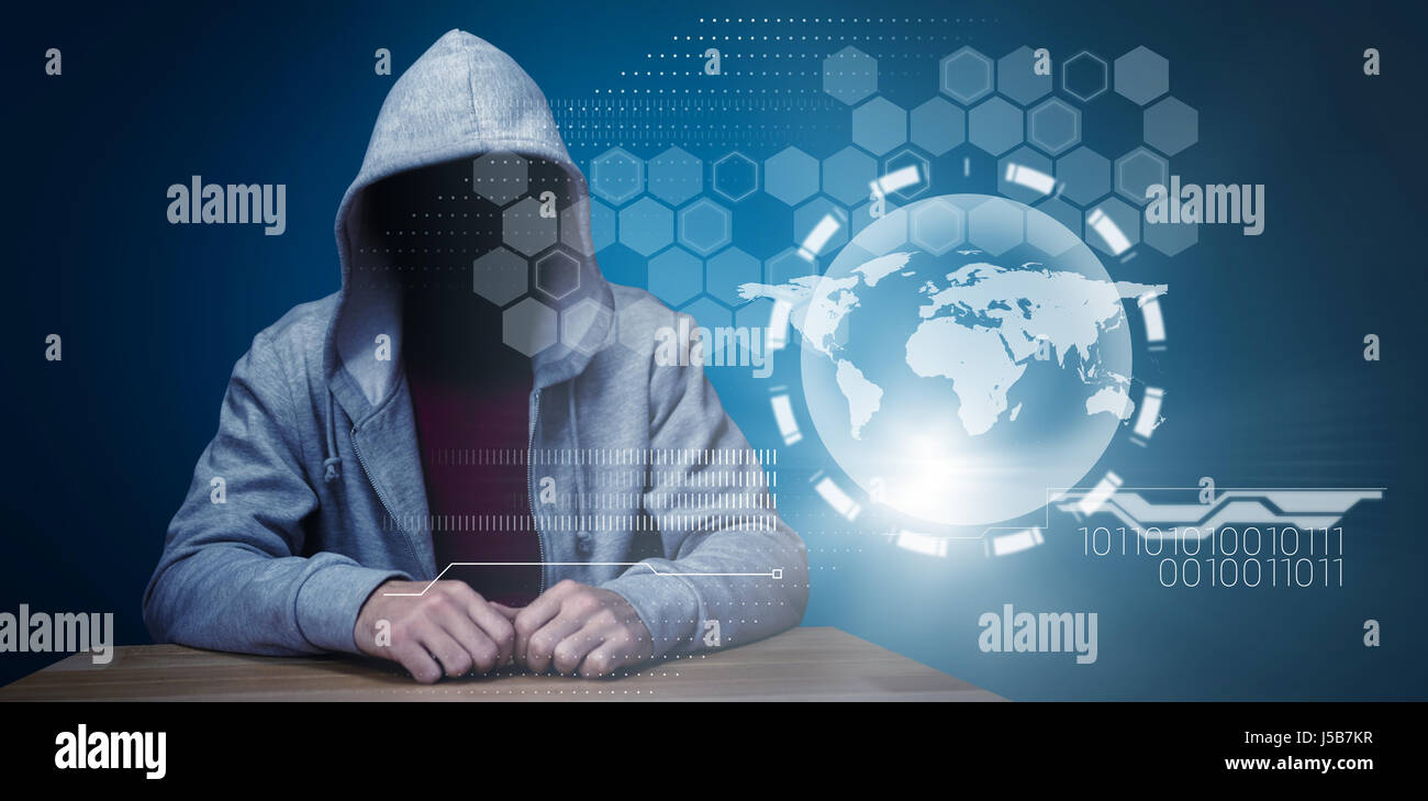 Robber sitting at table against blue background with vignette Stock ...