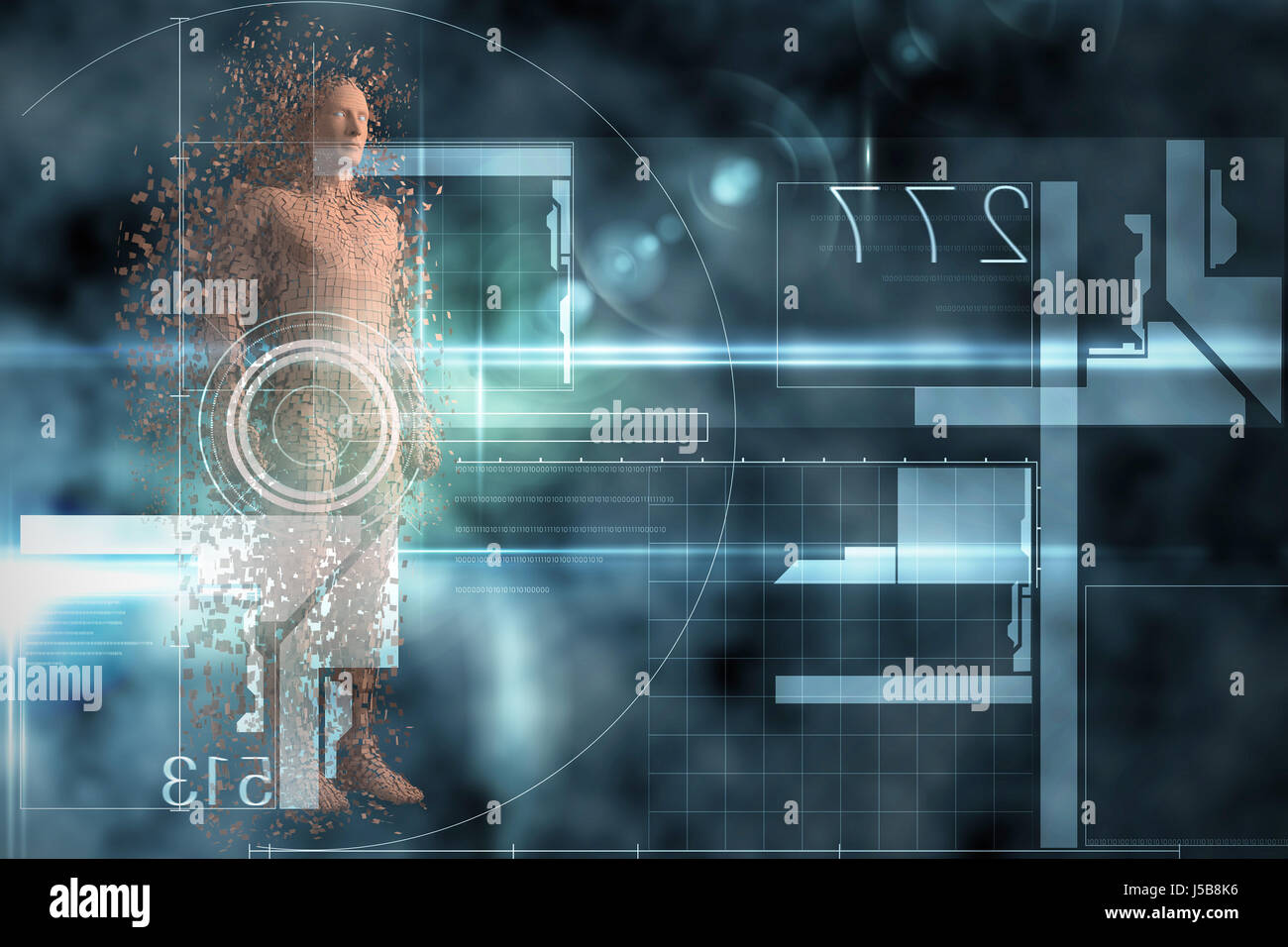 Full length of pixelated brown 3d man against black technology design ...