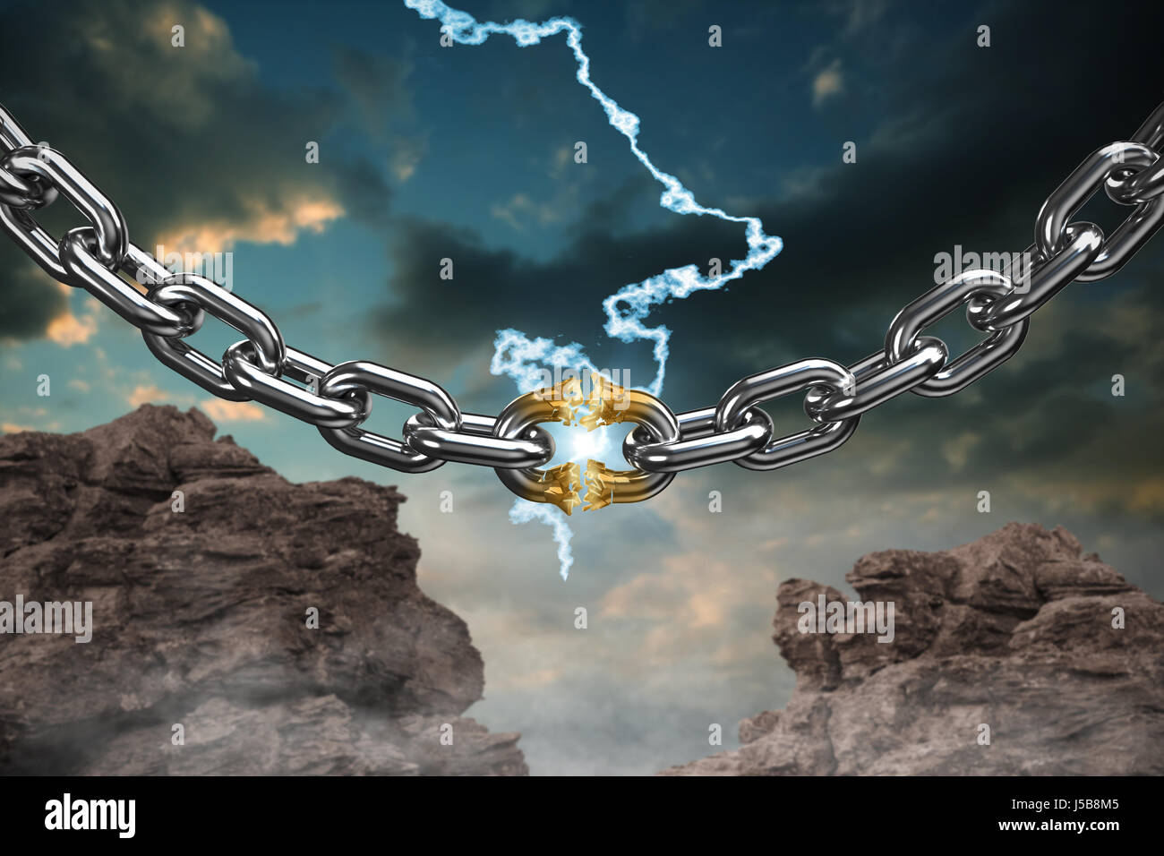 3d image of damaged silver chain against blue and orange sky with ...