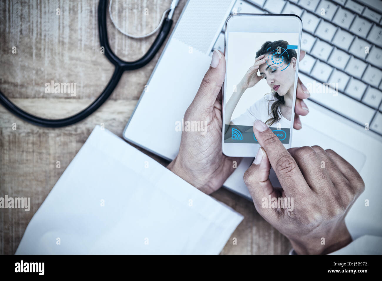 Brunette suffering from headache against doctor using smartphone on ...